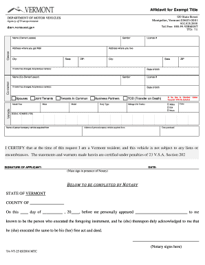 Fillable Online dmv vermont Affidavit for Exempt Title Fax Email Print ...