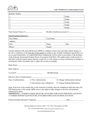 Fillable Online myimanmontessori Auto Withdrawal Authorization Form ...