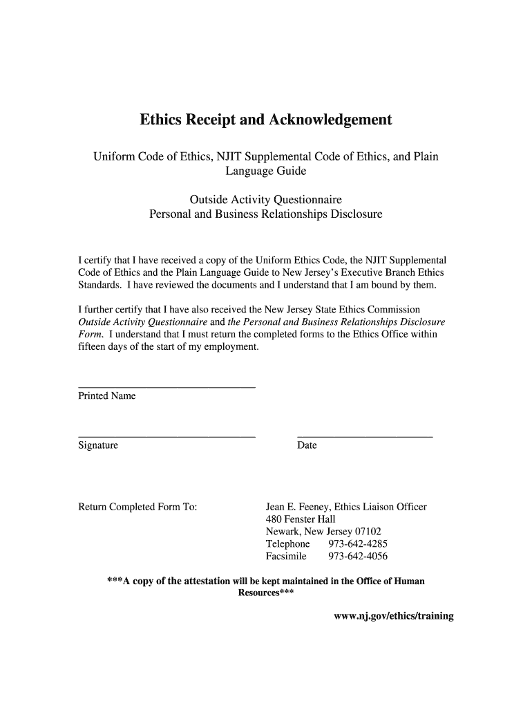 Fillable Online Receipt and Acknowledgement - New Jersey Institute of ...