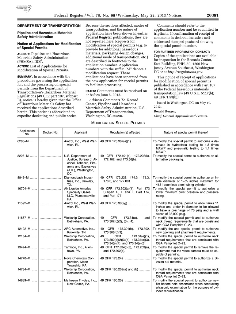 Fillable Online phmsa dot of Special Permits - phmsa dot Fax Email ...