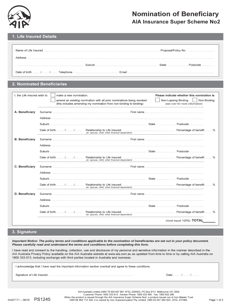 Fillable Online AIA Insurance Super Scheme No2 Fax Email Print - pdfFiller