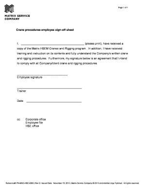 Fillable Online Crane procedures employee sign-off sheet Fax Email ...