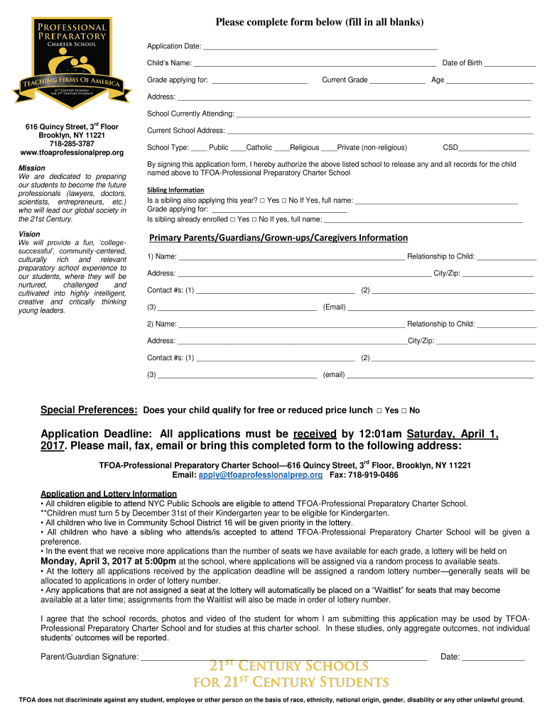 Fillable Online tfoaprofessionalprep Please complete form below (fill ...