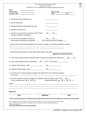 Fillable Online BREAKFAST IN THE CLASSROOM (BIC) SCHOOL READINESS ...