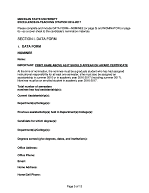 Fillable Online ahr msu Excellence-in-Teaching Citation Data Form - Michigan State University ...