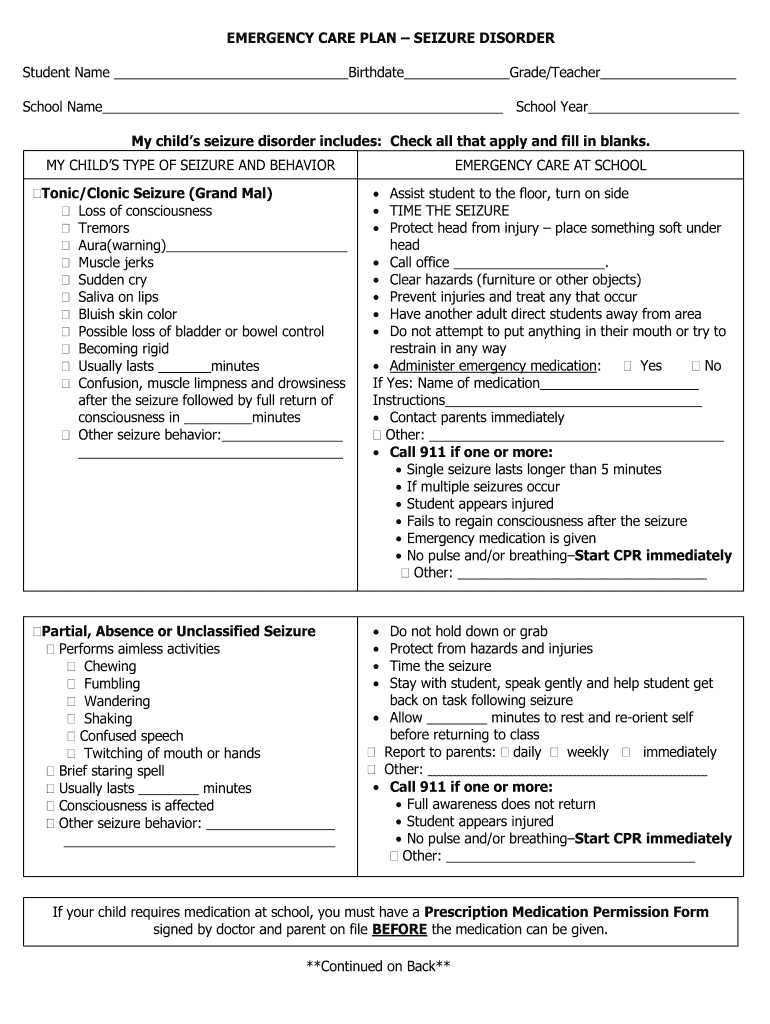 Fillable Online pointschools EMERGENCY CARE PLAN SEIZURE DISORDER ...