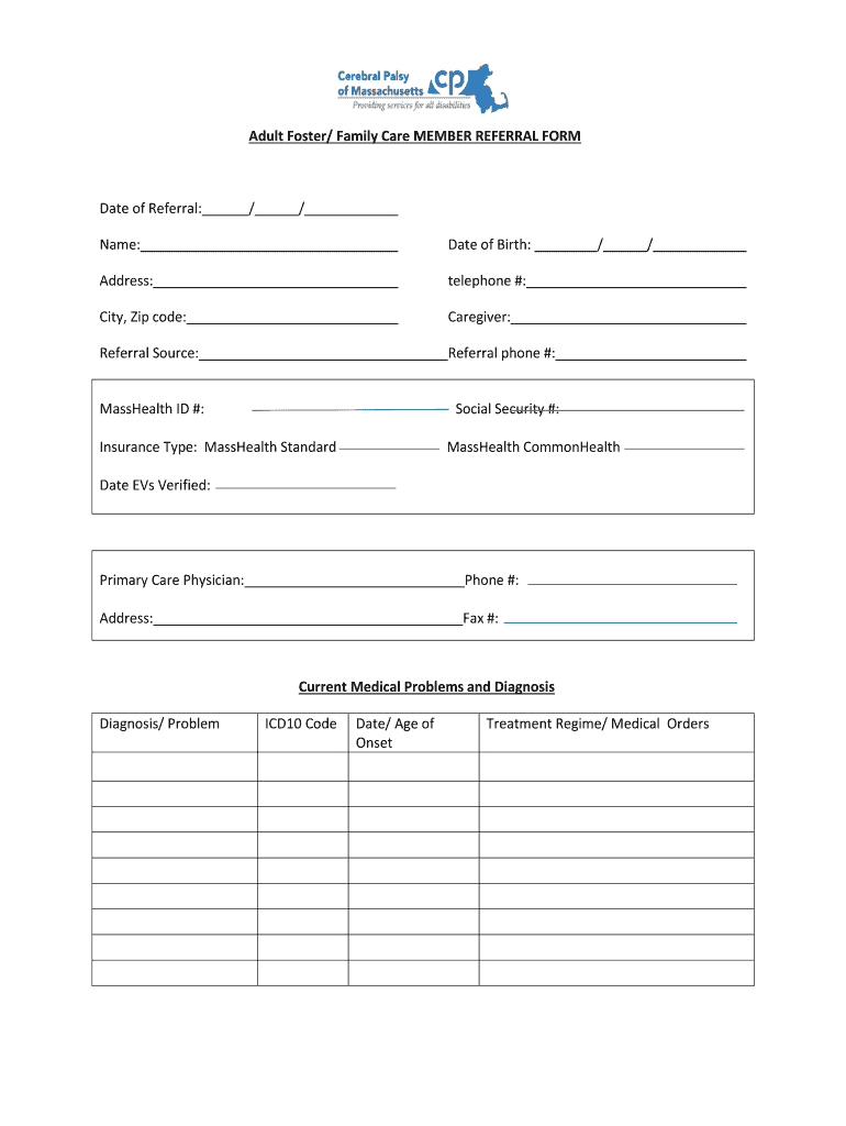 Fillable Online masscp Adult Foster/ Family Care MEMBER REFERRAL FORM ...