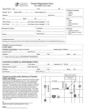 Fillable Online Patient Registration Form - Urgent Medical Center Fax ...