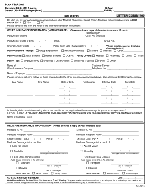 Fillable Online employeehealthplan clevelandclinic 2017 COB form cover ...