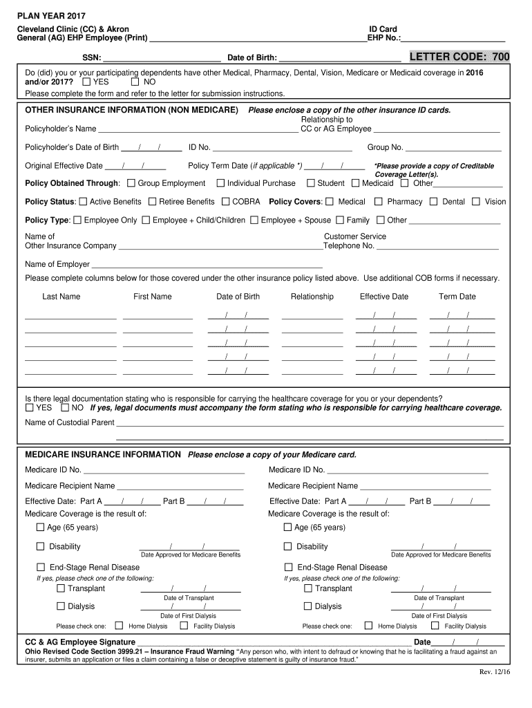 Fillable Online employeehealthplan clevelandclinic 2017 COB form cover ...