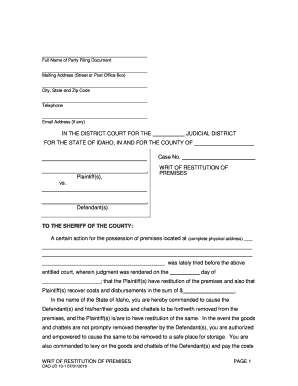 Fillable Online WRIT OF RESTITUTION OF Fax Email Print - pdfFiller