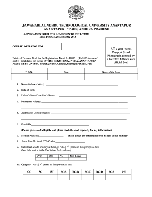 Fillable Online jntua ac APPLICATION FORM FOR ADMISSION TO FULL TIME ...
