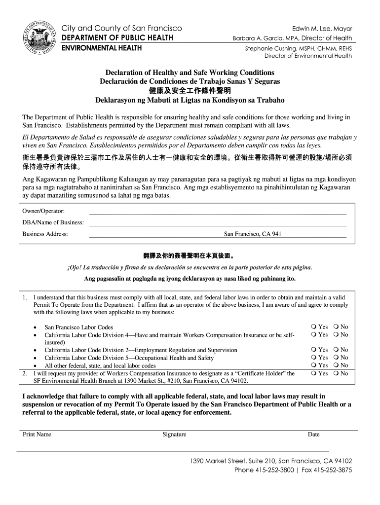 Fillable Online sfdph 2017 Declaration of Healthy and Safe Working Conditions Fax Email Print ...