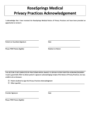 Fillable Online RoseSprings Medical Privacy Practices Acknowledgement ...