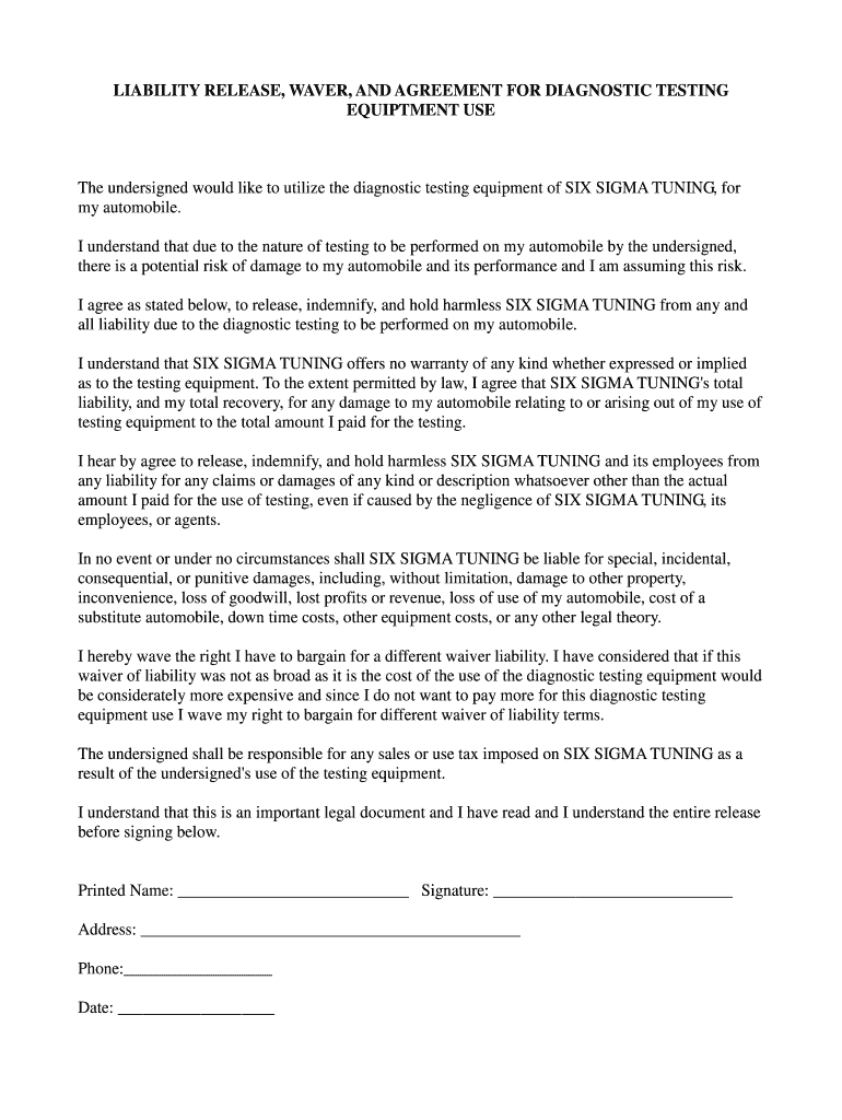 Fillable Online LIABILITY RELEASE, WAVER, AND AGREEMENT FOR DIAGNOSTIC ...