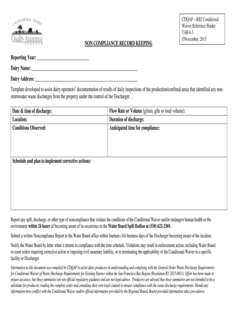 Fillable Online NON COMPLIANCE RECORD KEEPING Fax Email Print - pdfFiller