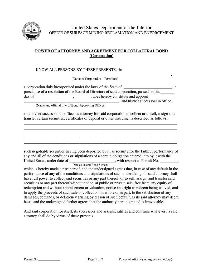 Fillable Online osmre POWER OF ATTORNEY AND AGREEMENT FOR COLLATERAL ...