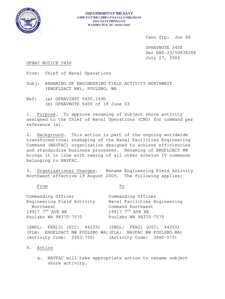 Fillable Online Canc frp: Jun 06 OPNAV NOTICE 5450 From: Chief of Naval ...