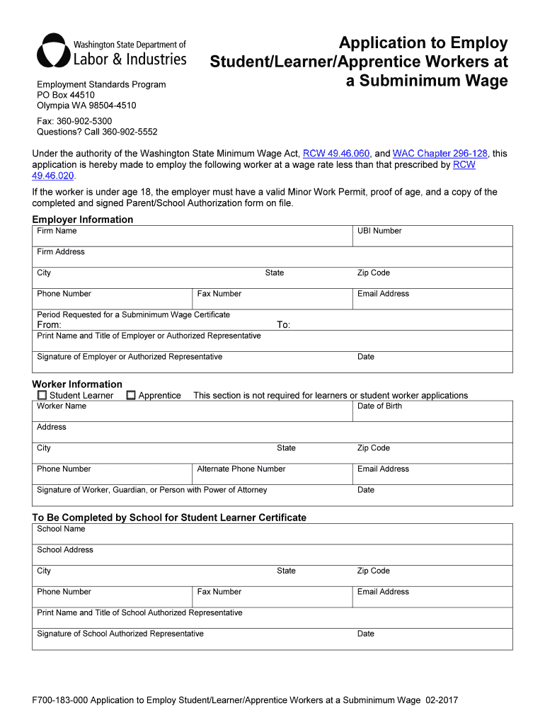 Fillable Online lni wa Application to Employ Student/Learner/Apprentice ...
