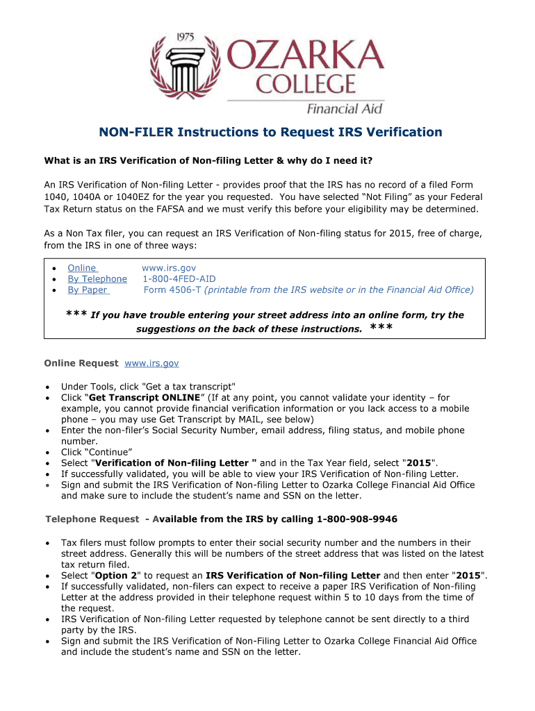 Fillable Online ozarka NON-FILER Instructions to Request IRS ...