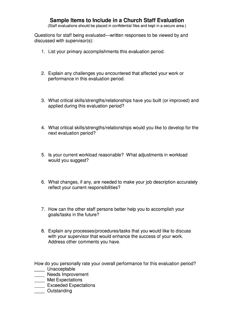 Fillable Online Sample Items to Include in a Church Staff Evaluation ...