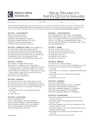 Fillable Online inovaspine Neck Disability iNDex QuestioNNaire ...