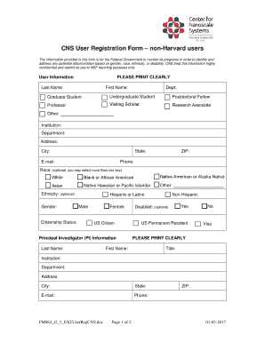 Fillable Online cns fas harvard CNS User Registration Form non-Harvard users - Center for ...