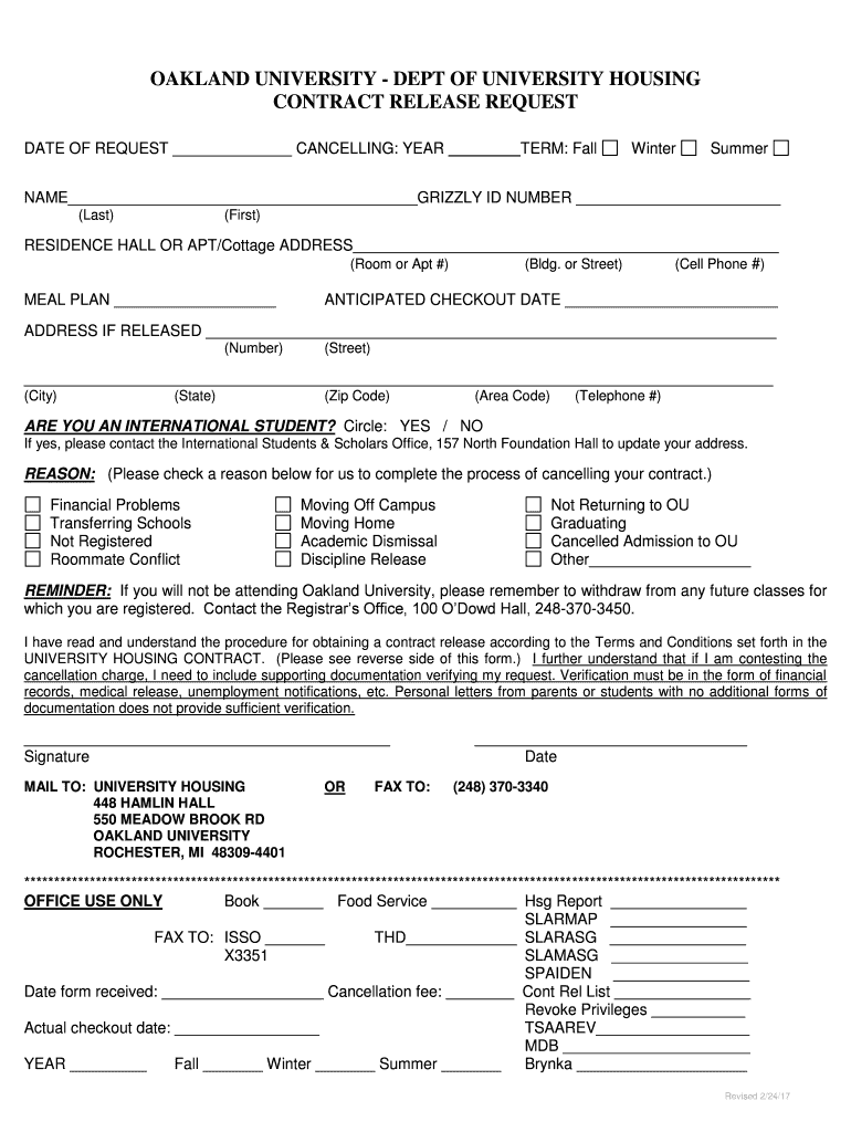 Fillable Online oakland OAKLAND UNIVERSITY - DEPT OF UNIVERSITY HOUSING ...