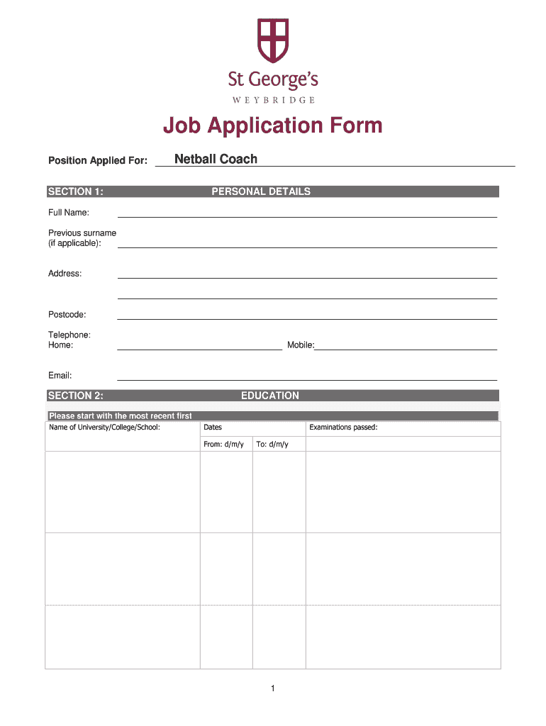 Fillable Online Job Application Form - St George 's Weybridge Fax Email ...