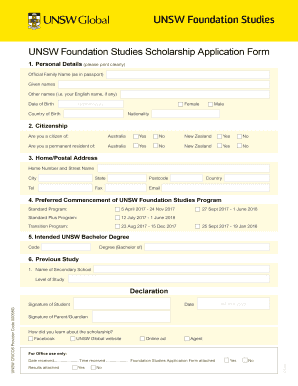 Fillable Online UNSW Foundation Studies Scholarship Application Form ...