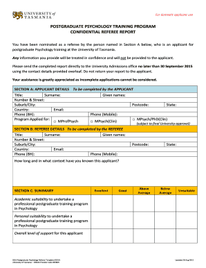 Fillable Online utas edu 2016 Postgraduate Psychology Referee Template ...