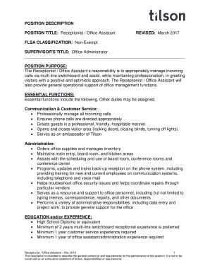Fillable Online POSITION TITLE: Receptionist / Office Assistant Fax Email Print - pdfFiller