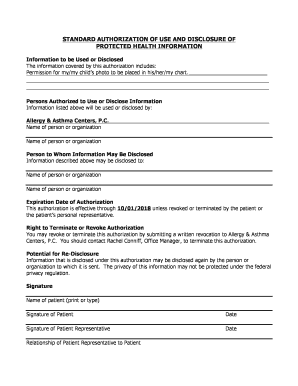 Fillable Online STANDARD AUTHORIZATION OF USE AND DISCLOSURE OF ...