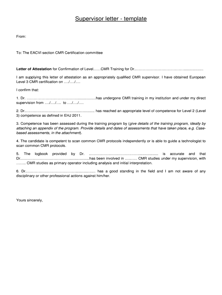 Fillable Online escardio Supervisor letter - template Fax Email Print - pdfFiller