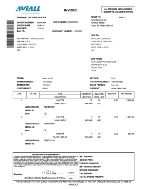 Fillable Online INVOICE SUBJECT TO A HANDLING CHARGE - m.aviall.com Fax ...