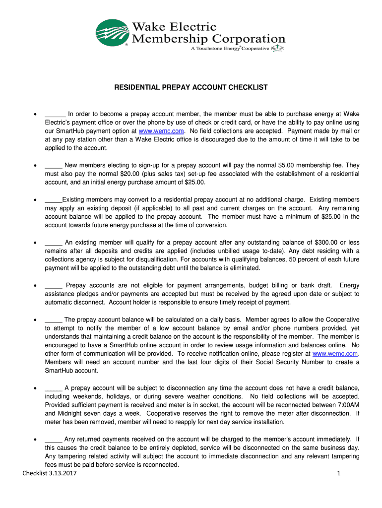 Fillable Online RESIDENTIAL PREPAY ACCOUNT CHECKLIST Fax Email Print - pdfFiller