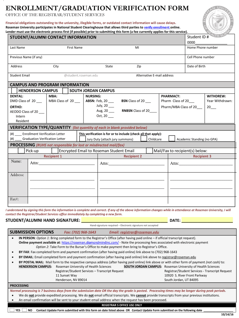Fillable Online roseman ENROLLMENT/GRADUATION VERIFICATION FORM Fax Email Print - pdfFiller