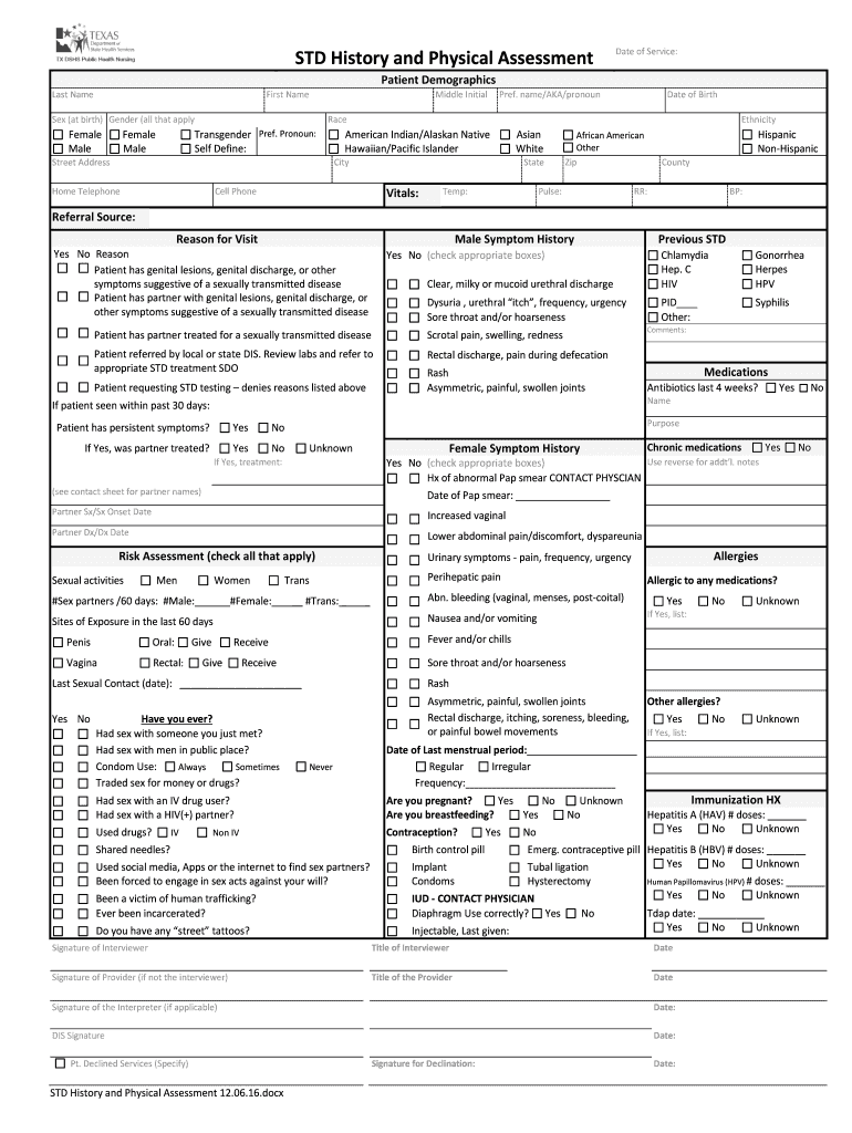 Fillable Online dshs texas STD History and Physical Assessment - Texas ...