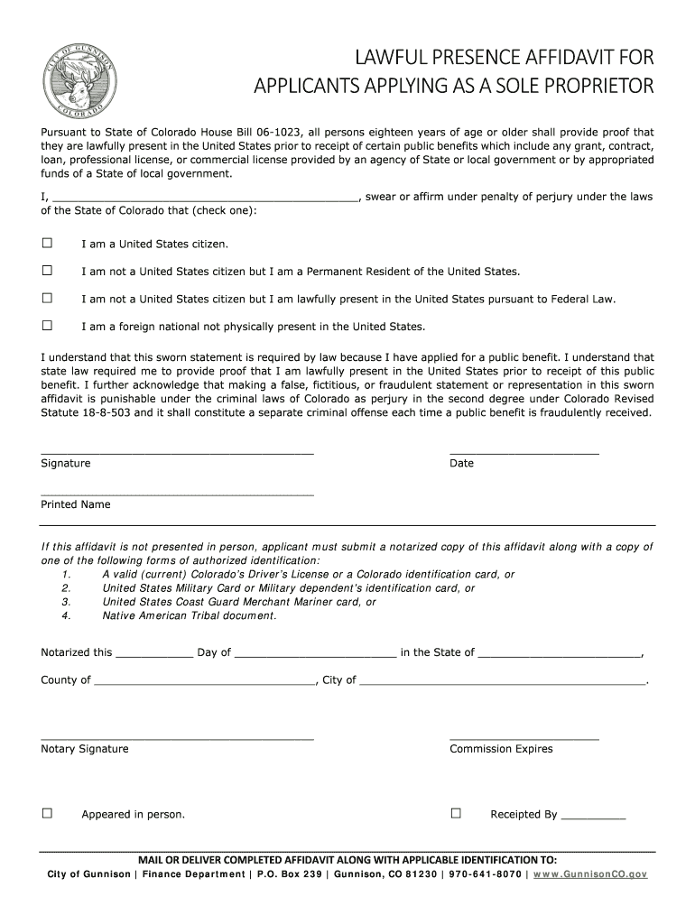 Fillable Online Lawful Presence Affidavit - City of Gunnison Fax Email Print - pdfFiller