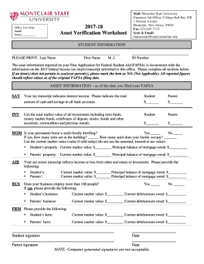 Fillable Online montclair 2017-18 Asset Verification Worksheet ...
