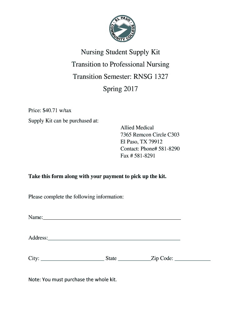Fillable Online epcc Nursing Student Supply Kit Transition to Professional Nursing ... - epcc ...