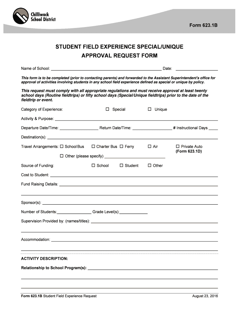 Fillable Online sd33 bc Form 623.1B-Student Field Experience Special ...