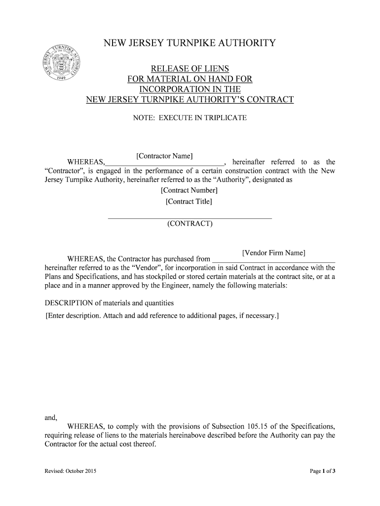 Fillable Online state nj RELEASE OF LIENS - state nj Fax Email Print - pdfFiller