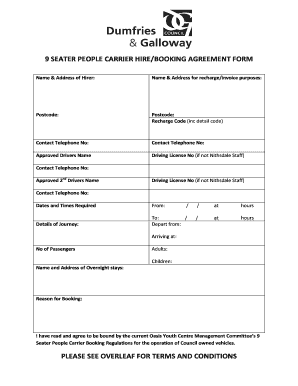 Fillable Online oasisyouthcentre 9 SEATER PEOPLE CARRIER HIRE/BOOKING AGREEMENT ... Fax Email ...