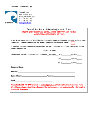 Fillable Online Gentell, Inc. Recall Acknowledgement Form Fax Email ...