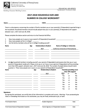 Fillable Online calu 2017-2018 Household and College size Worksheet ...
