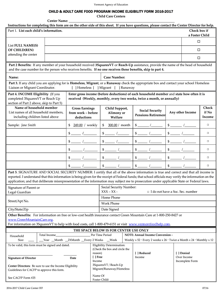 Fillable Online education vermont CHILD & ADULT CARE FOOD PROGRAM ...