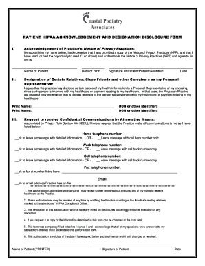 Fillable Online Comprehensive HIPAA Acknowledgement Form - Coastal ...