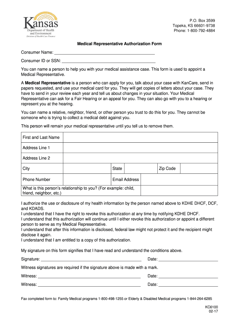 Fillable Online kdheks Medical Representative Authorization Form - KDHE ...