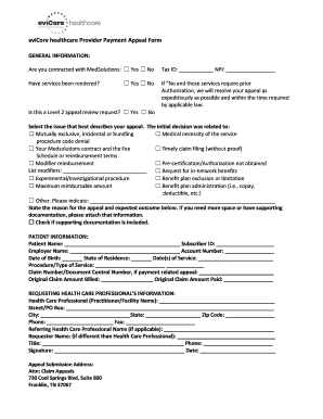 Fillable Online eviCore healthcare Provider Payment Appeal Form Fax ...
